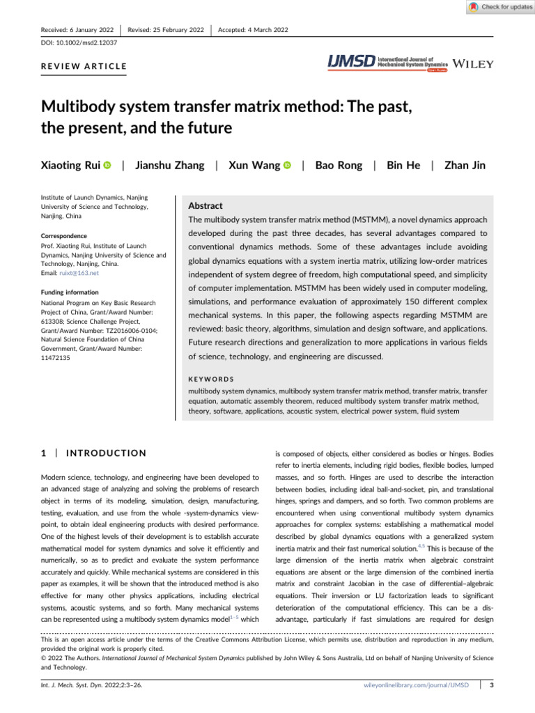Int Journal of Mech Sys Dyn - 2022 - Rui - Multibody System Transfer Matrix Method The Past The ...