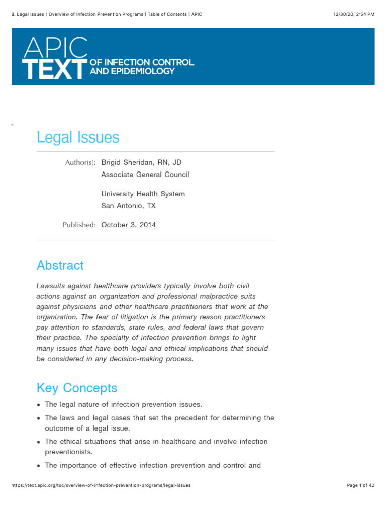 Legal Issues - Overview of Infection Prevention Programs - Table of ...