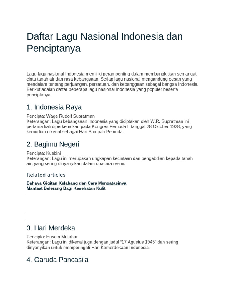 Daftar Lagu Nasional Indonesia Dan Penciptanya | PDF | Seni