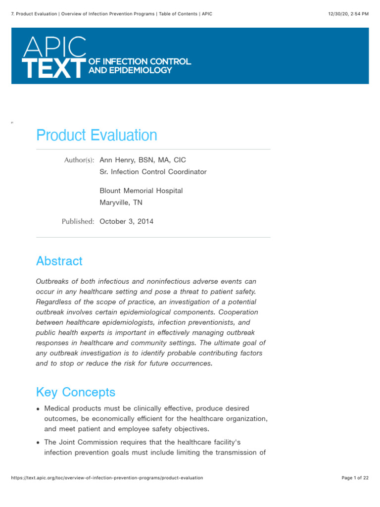 Product Evaluation - Overview of Infection Prevention Programs - Table of Contents - APIC | PDF ...