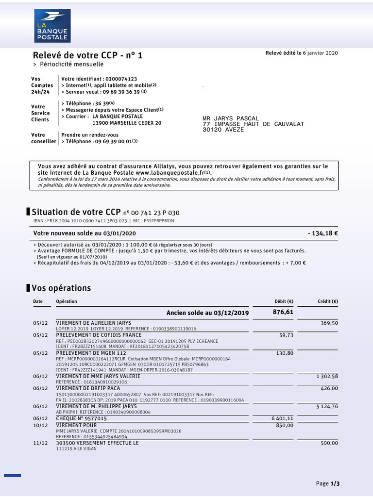 Relevé CCP n° 1 - Janvier 2020 | PDF | Banques | Bancaire