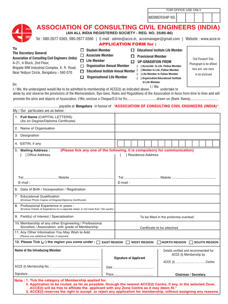 ACCE Membership Application Form | PDF | Cheque | Academic Degree