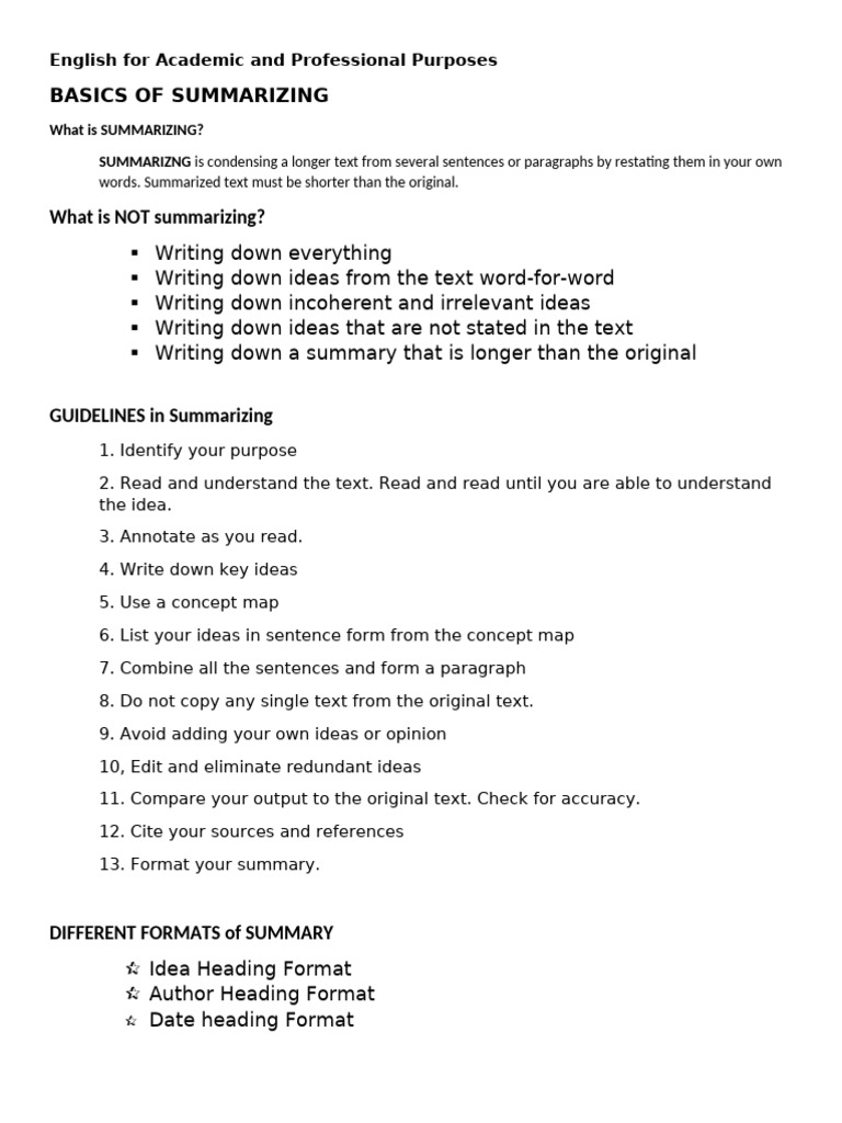 Basics of Summarizing Word | PDF | Syntax | Human Communication