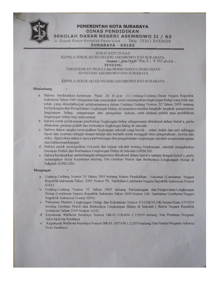 SK Tim Gerakan Peduli Dan Berbudaya Lingkungan | PDF