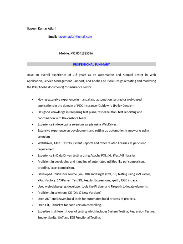NaveenUpdated Resume | PDF | Selenium (Software) | Software Testing
