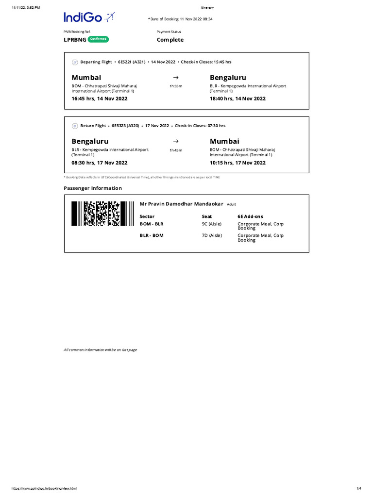 MR Pravin Damodhar Mandaokar - BOM BLR BOM - 6E - TICKET COPY . | PDF | Value Added Tax | Airport