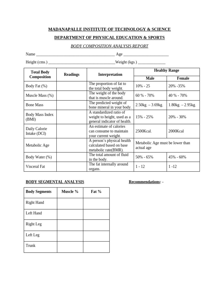 Body Composition Analysis Report - Template | PDF | Body Mass Index ...