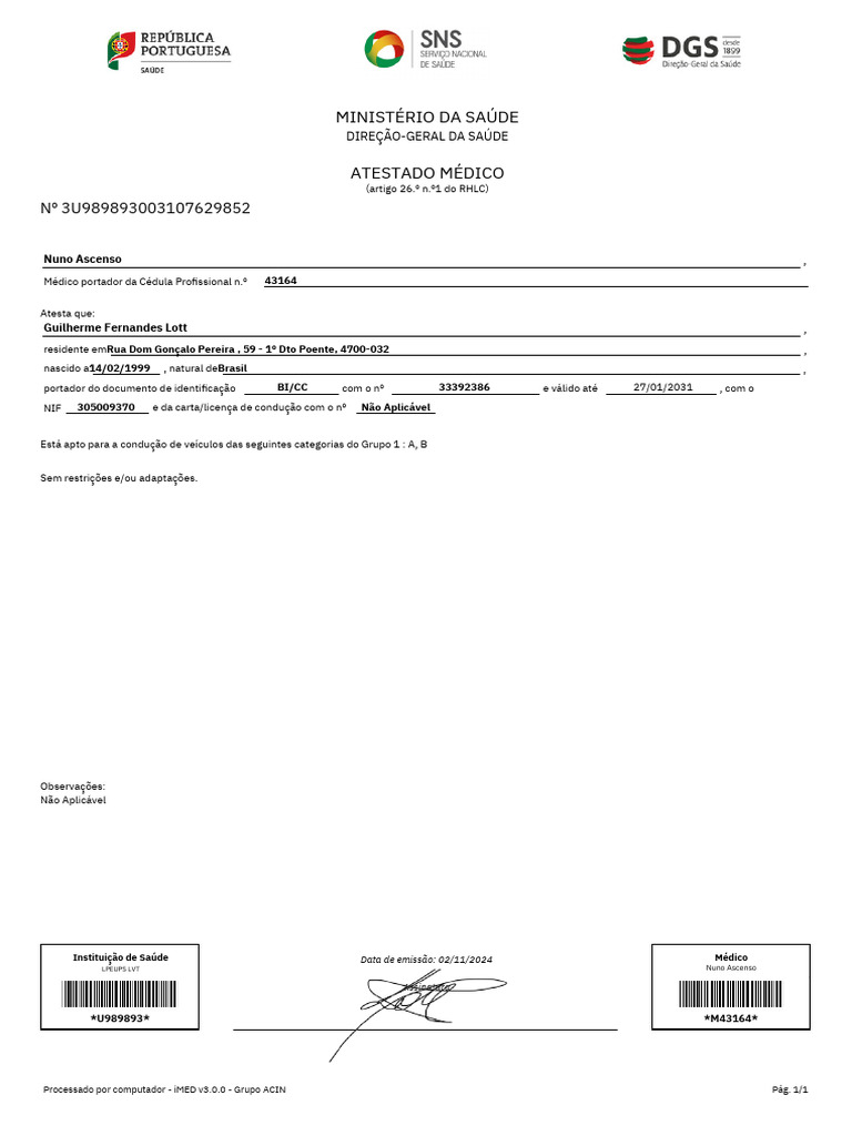 Atestado Médico para Carta de Condução | PDF