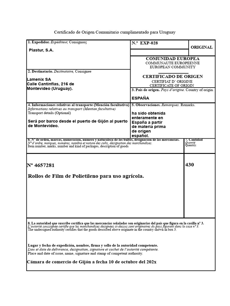 Certificado de Origen | PDF