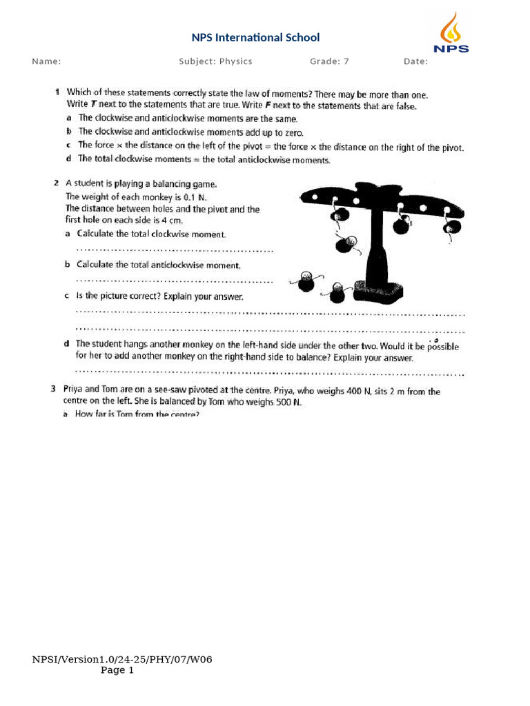 Grade 7 Physics Worksheet 6 | PDF