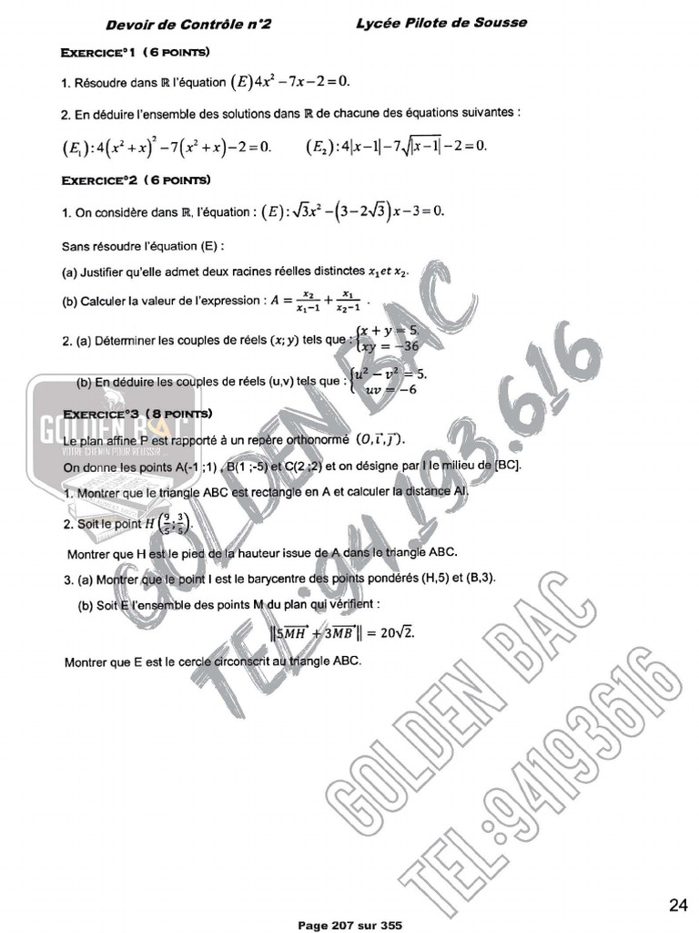 Devoir de Controle N2 - Mathematiques - Lycee Pilote Sousse - Golden Bac | PDF