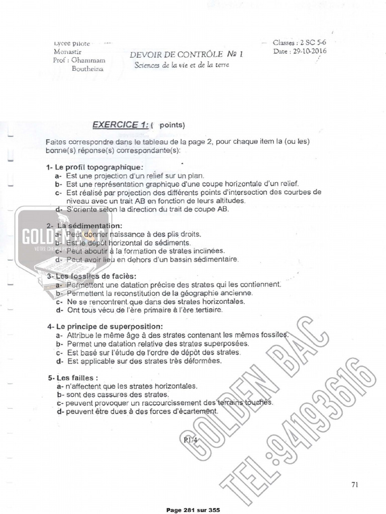 Devoir de Controle N1 - SVT - Lycee Pilote Monastir - Golden Bac | PDF
