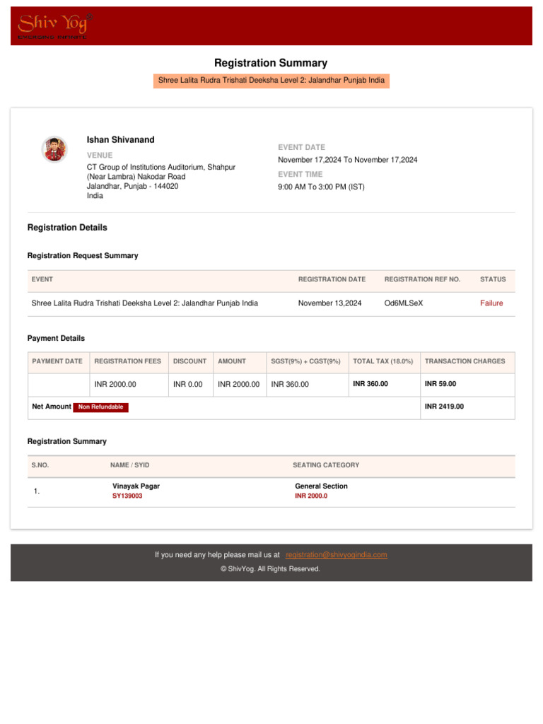 Shree Lalita Rudra Trishati Deeksha Level 2 - Jalandhar Punjab - Registration - Receipt | PDF