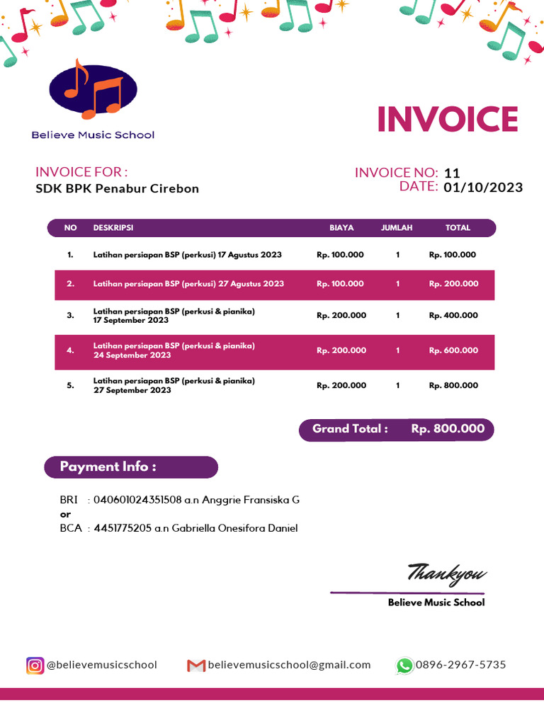 Invoice Latihan BSP Agustus-September SDK Penabur Pamitran | PDF