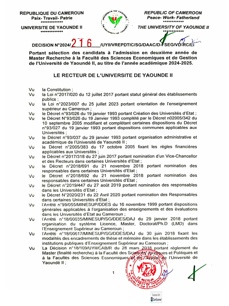 Candidats Selectionnes en Master2 Recherche 2024-2025 FSEG UY2 | PDF