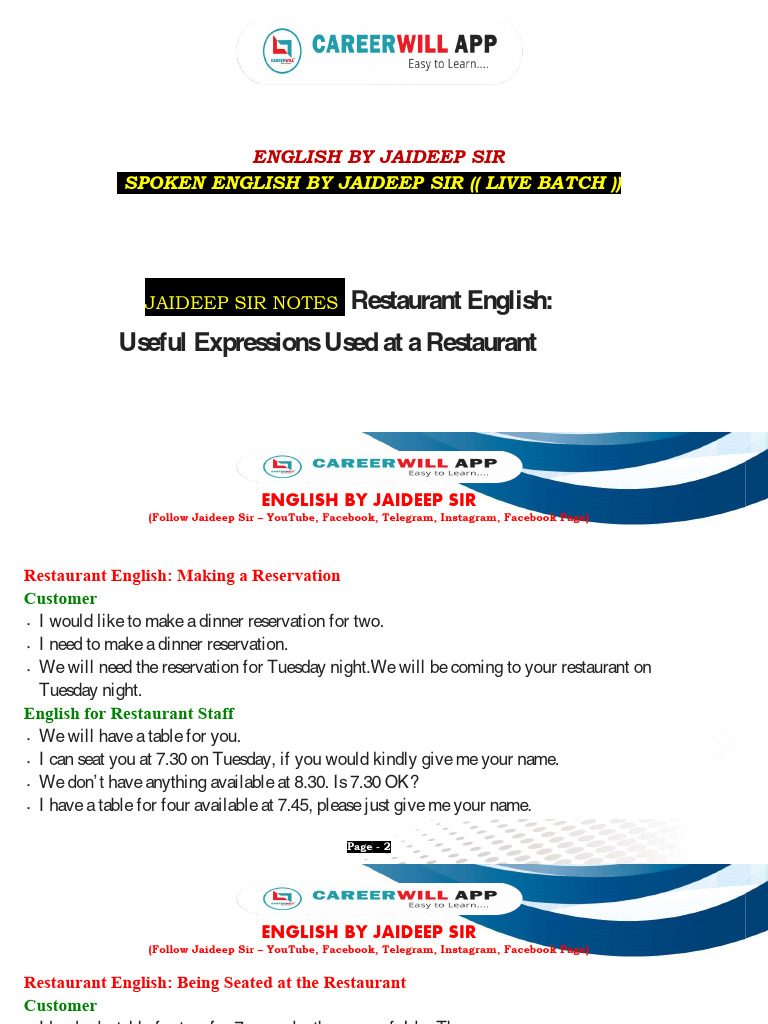 09.restaurant English | PDF | Restaurants | Waiting Staff