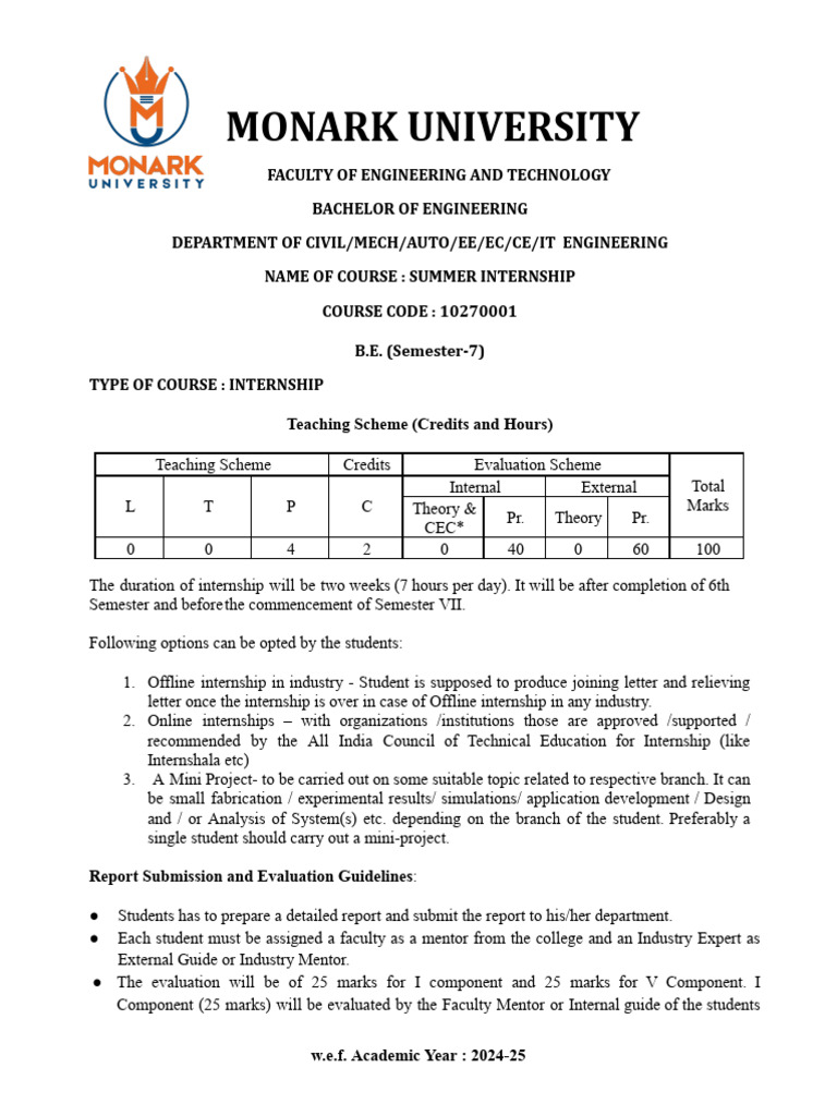 Summer Internship Guidelines for Engineering Students | PDF