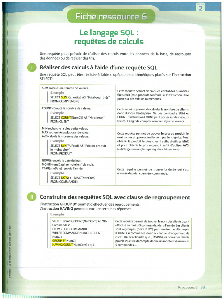 SQL - Fiches Ressources 6 | PDF