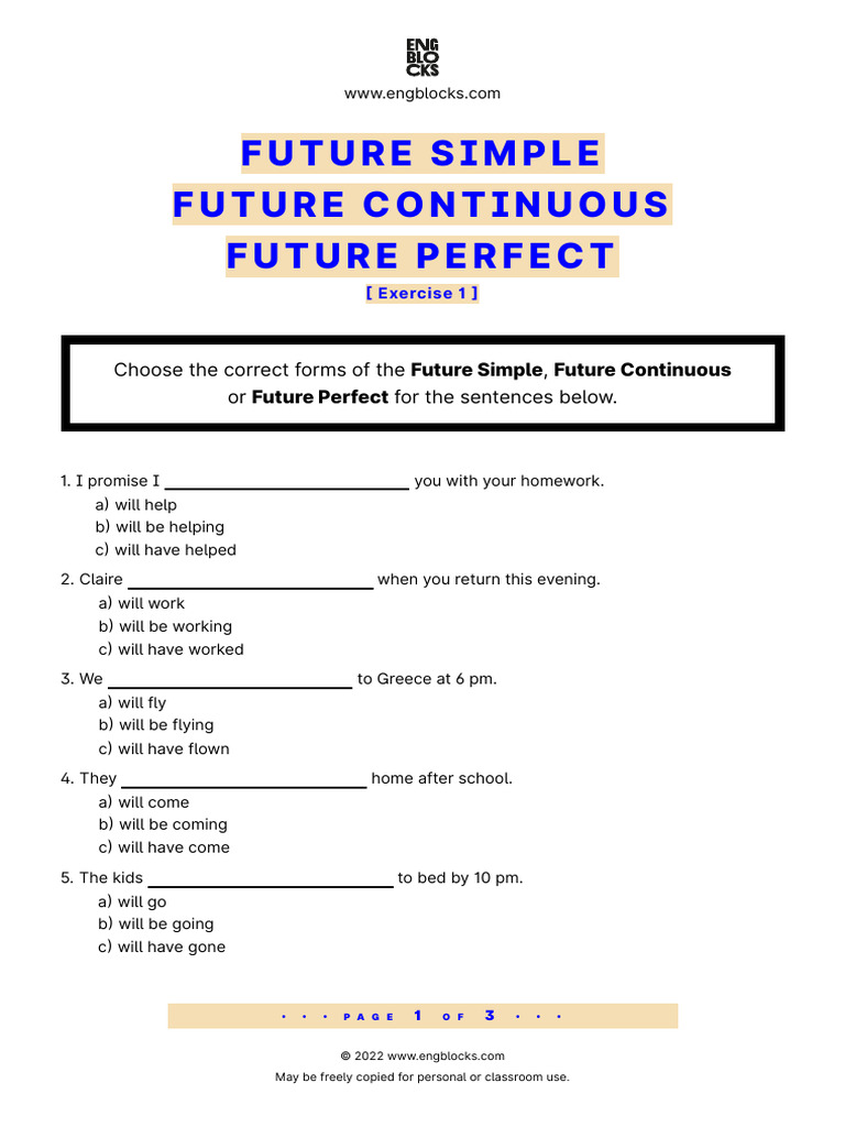 Future Simple Future Continuous Future Perfect Exercise 1 | PDF