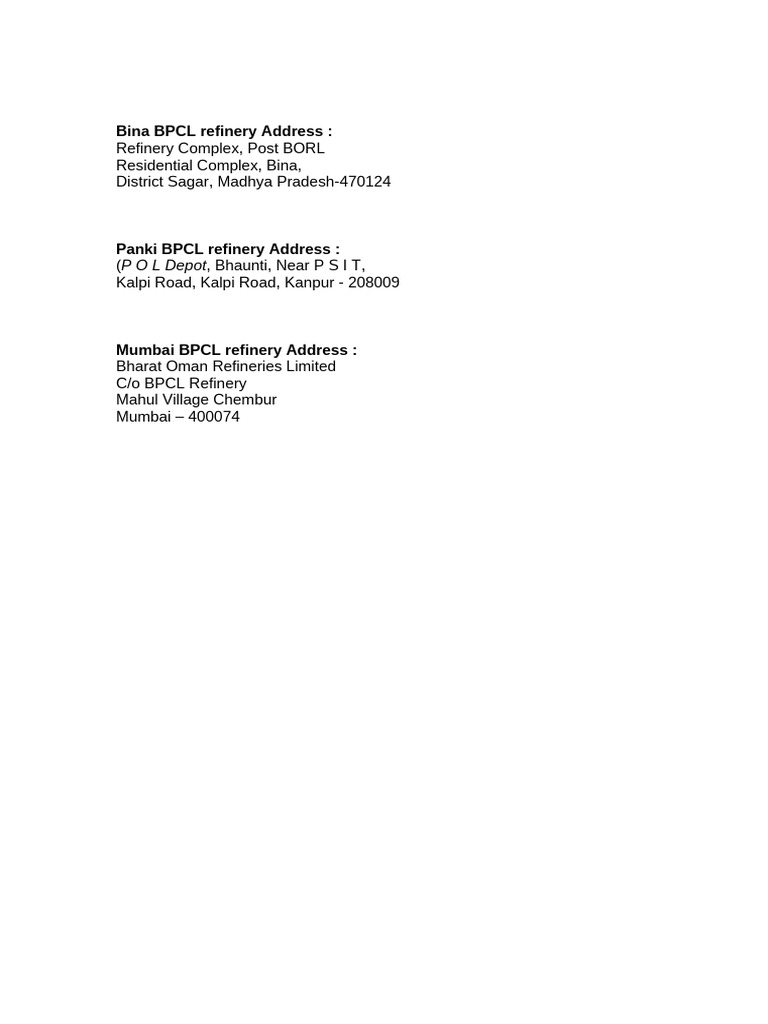 BPCL Refinery Addresses in India | PDF