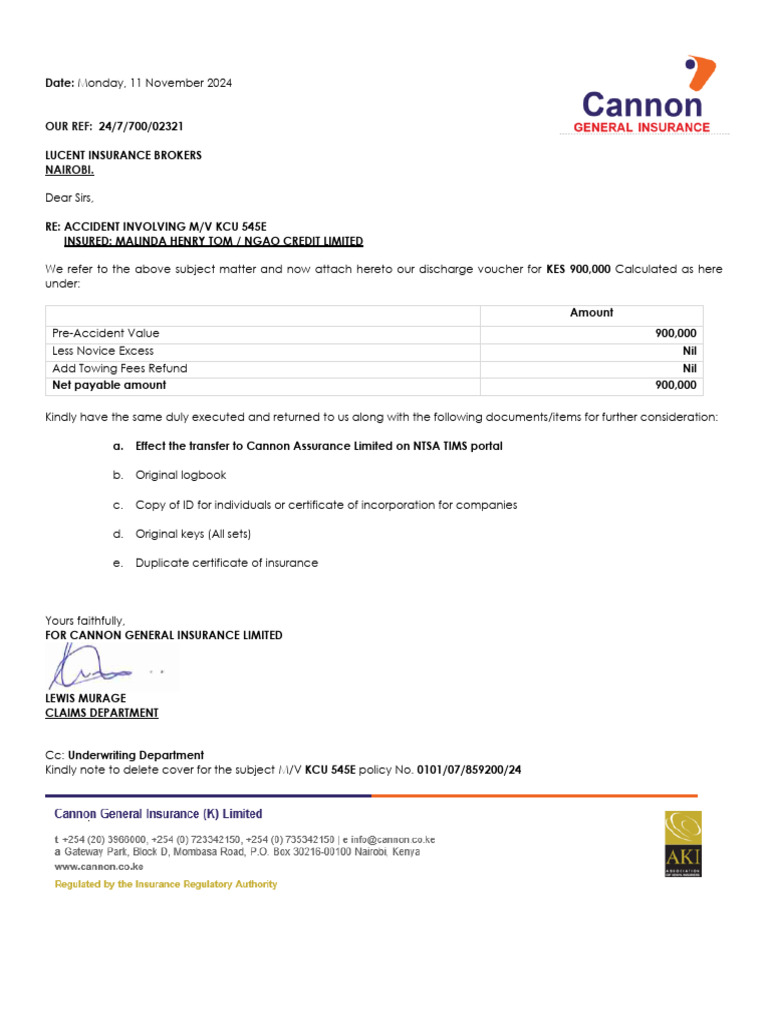 Accident Claim Discharge Voucher KCU 545E | PDF | Insurance | Civil Law ...
