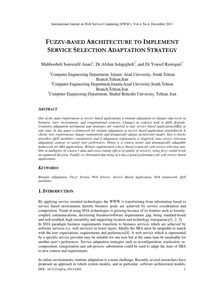 Fuzzy-Based Architecture To Implement Service Selection Adaptation Strategy | PDF | Fuzzy Logic ...