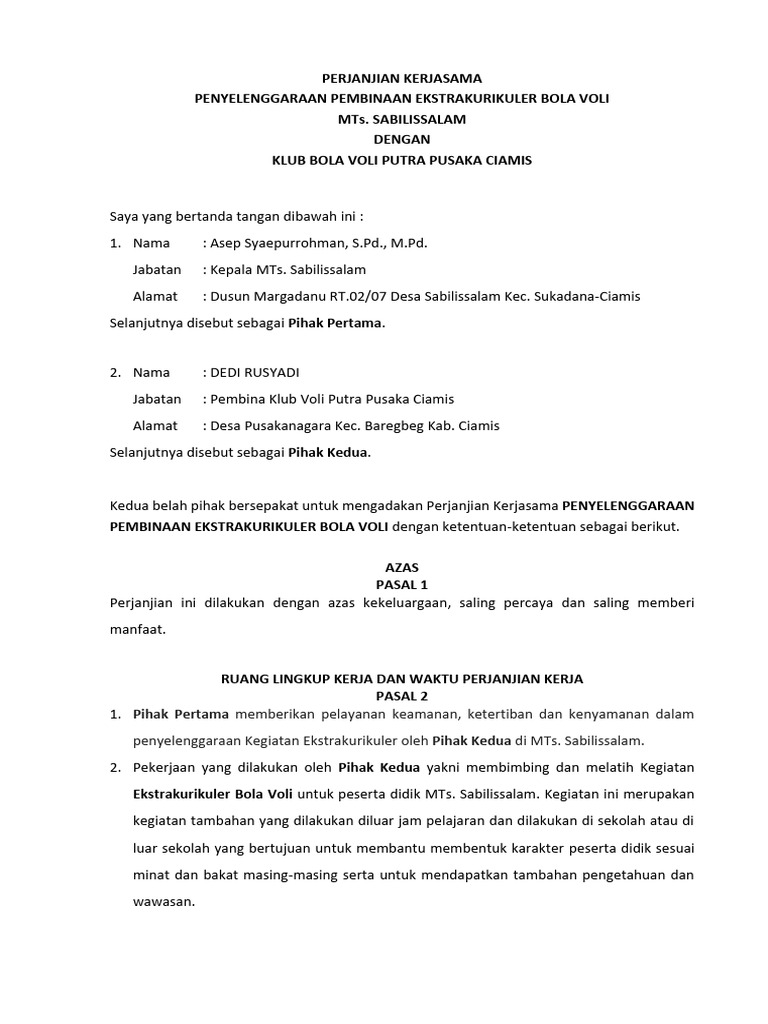 DRAFT MOU-PERJANJIAN KERJASAMA Bola Voli MTs. Sabilissalam Dengan Klub Putra Pusaka | PDF