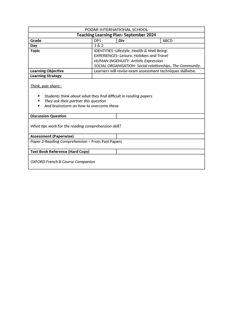 Teaching Plan for DP1 French Skills | PDF | Reading Comprehension ...