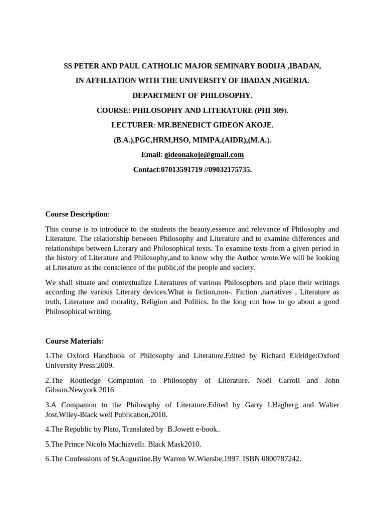 Year 4 Philosophy and Literature Course Outline | PDF | Liberal Arts ...