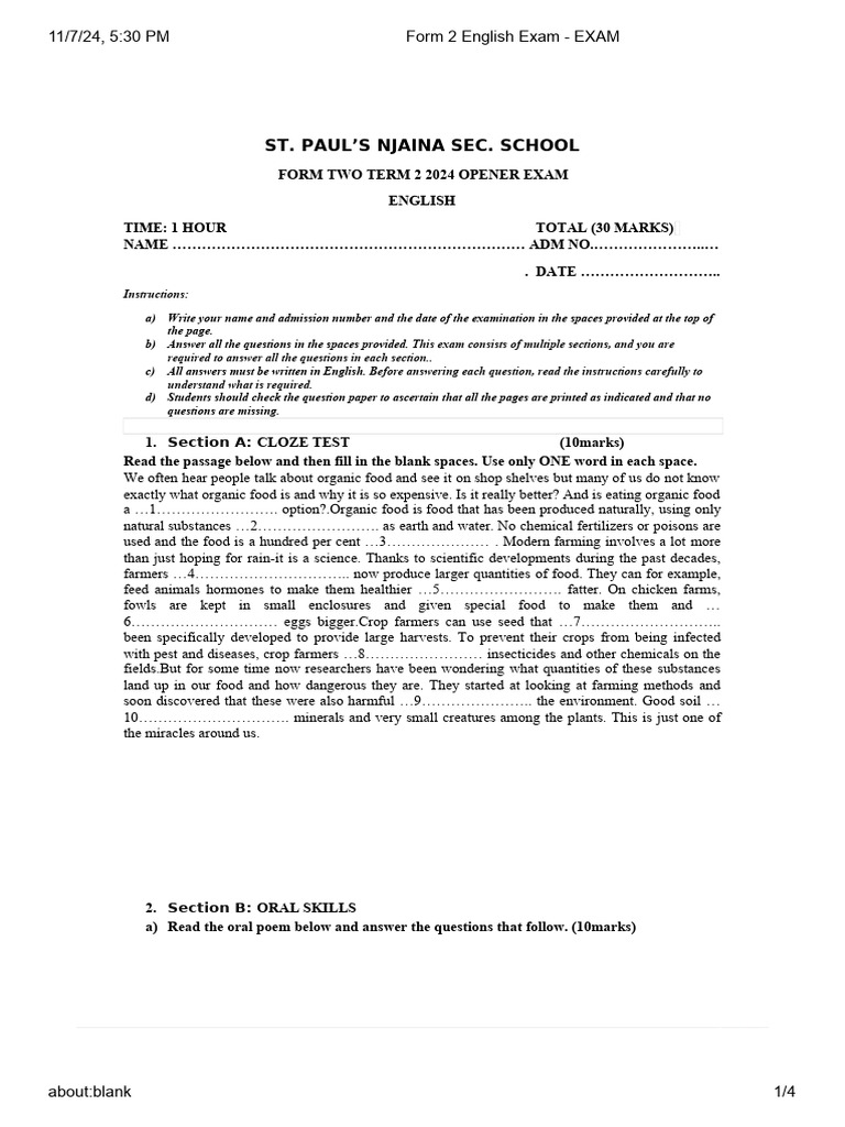 Form 2 English Exam - EXAM | PDF | Linguistics