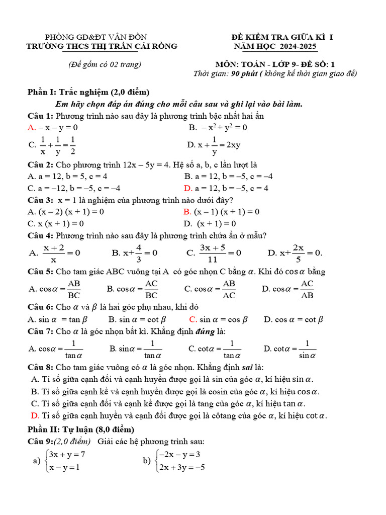 De gk1 Toan 9 Nam 2024 2025 Truong Thcs Thi Tran Cai Rong Quang Ninh | PDF