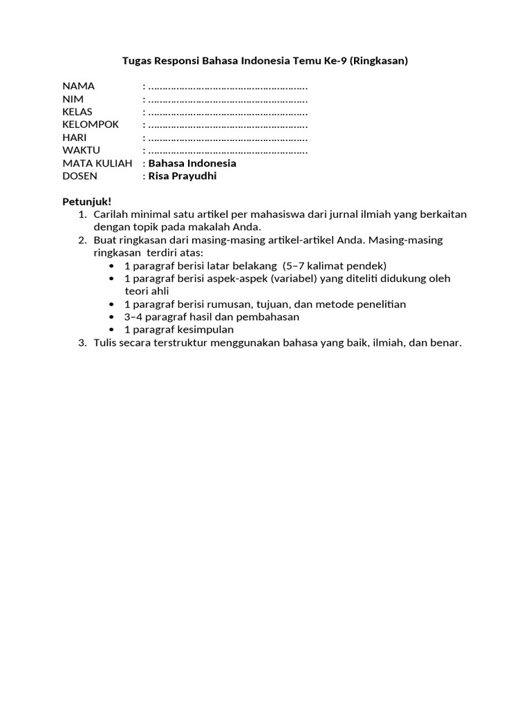 Tugas Responsi Bahasa Indonesia Temu Ke-9 (Ringkasan) | PDF | Seni & Disiplin Bahasa | Kajian ...