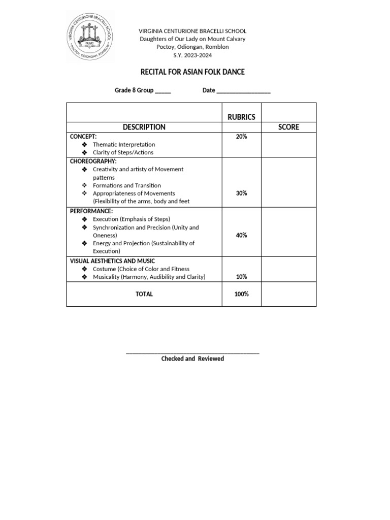 Criteria For Asian Folk Dance Grade 8 2023 2024 | PDF