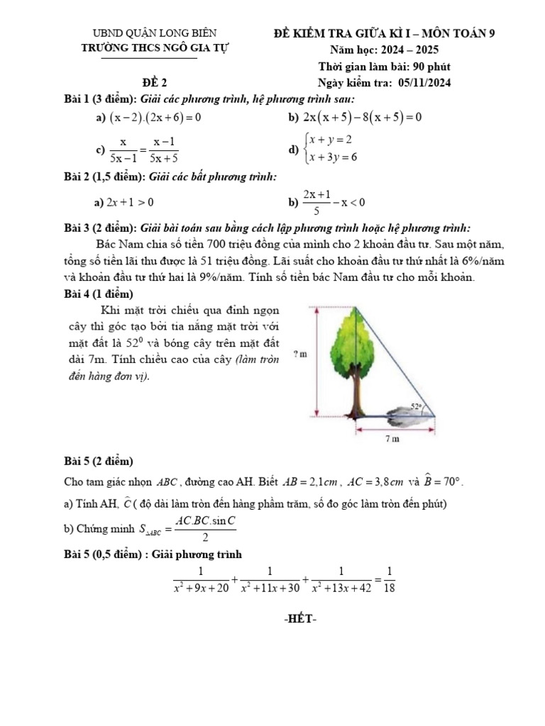 De Giua Hoc Ki 1 Toan 9 Nam 2024 2025 Truong Thcs Ngo Gia Tu Ha Noi | PDF