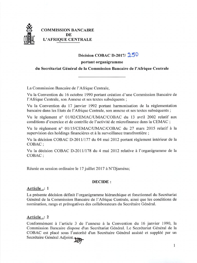 Decision Cobac d2017-250 Portant Organigramme de La Cobac | PDF