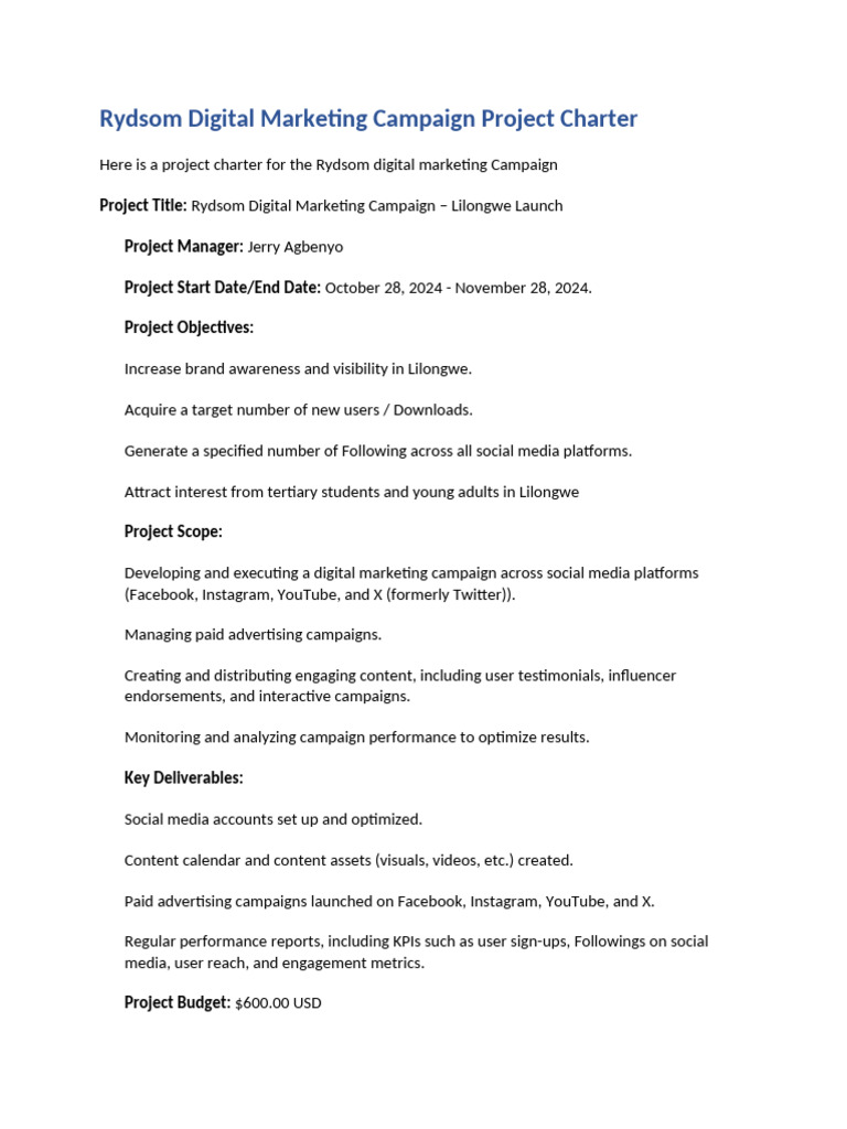 Rydsom Digital Marketing Campaign Project Charter | PDF | Digital ...
