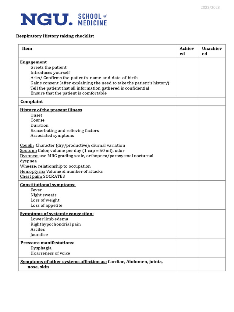 Chest History Taking Checklist 2023-2024 | PDF | Respiratory Diseases ...