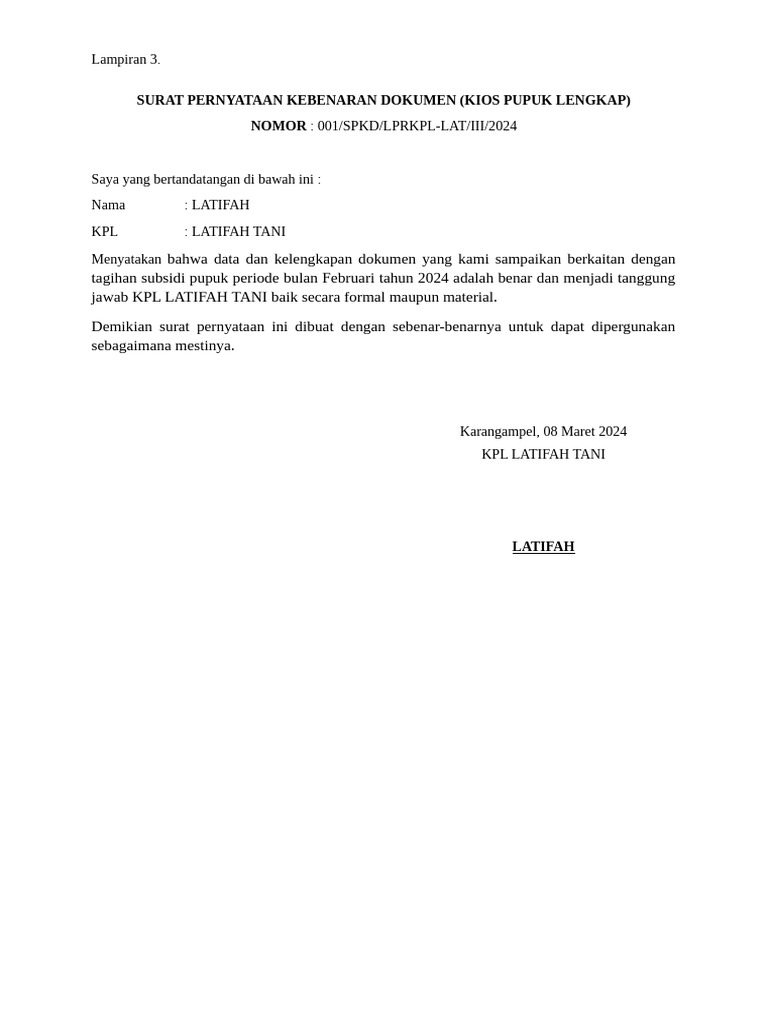 Surat Pernyataan Kebenaran Dokumen KPL LATIFAH | PDF