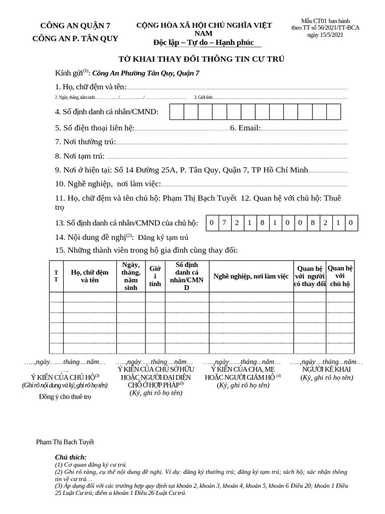 To Khai Thay Doi Thong Tin Cu Tru | PDF