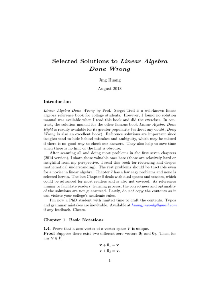 Selected Solutions To Linear Algebra Done Wrong | PDF | Eigenvalues And ...