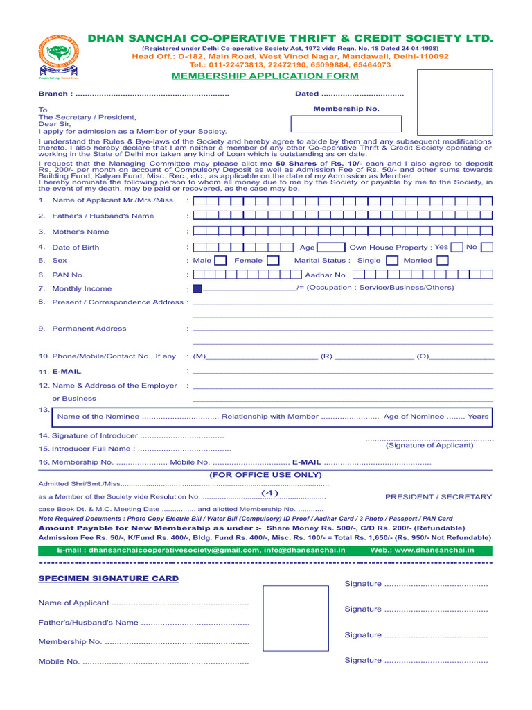Dhan Sanchai Membership Form | PDF | Government And Personhood