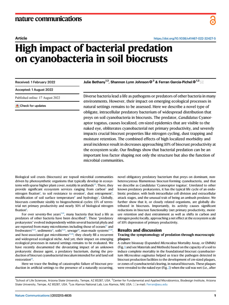 High Impact of Bacterial Predation On Cyanobacteria in Soil Biocrusts ...