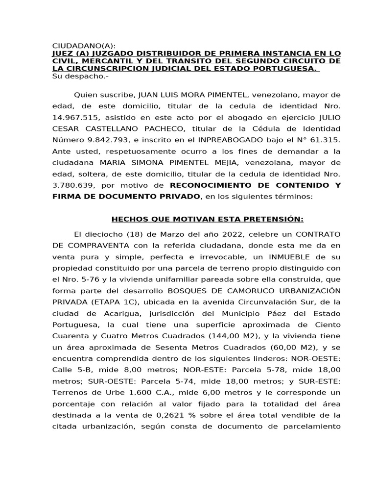 Modelo Demanda Reconocimiento Contenido y Firma Documento Privado | PDF | Demanda judicial ...