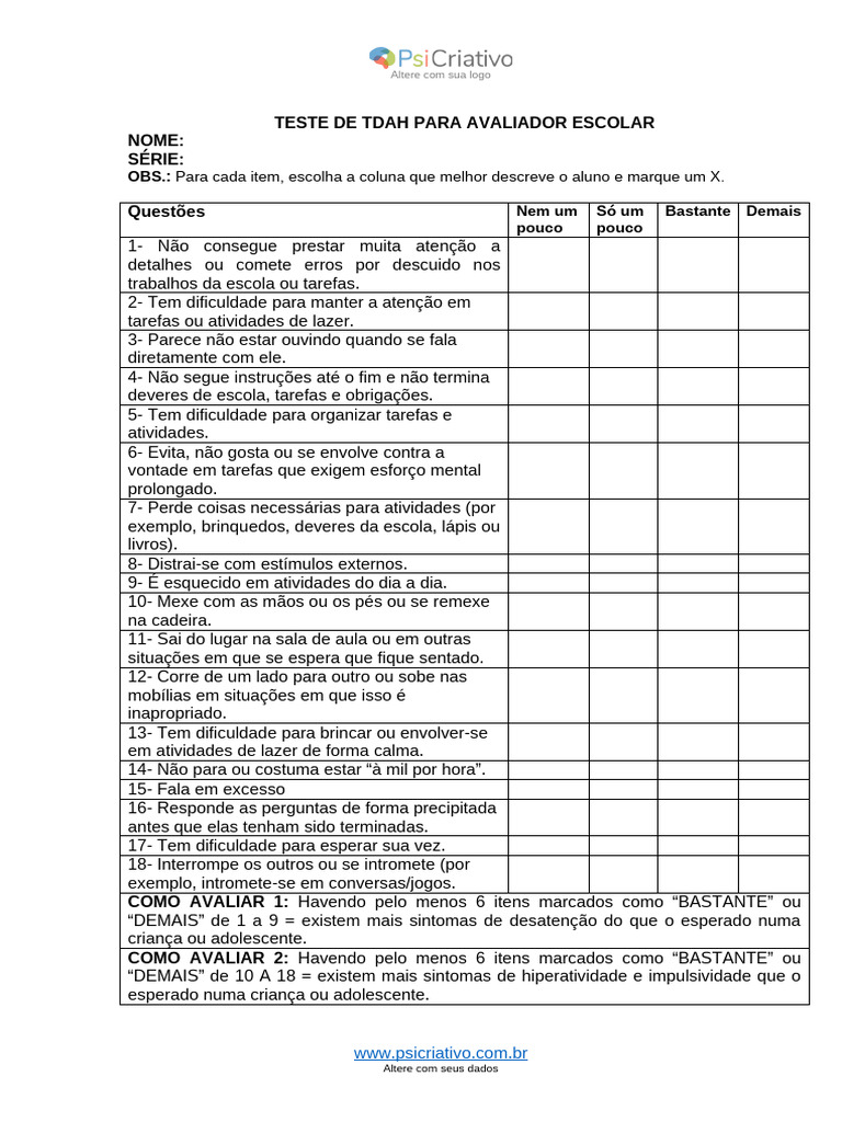 Teste de TDAH para Avaliação Escolar | PDF