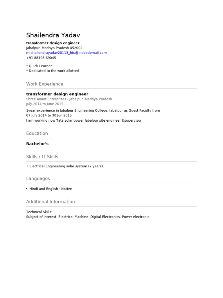 Transformer Design Engineer Resume | PDF