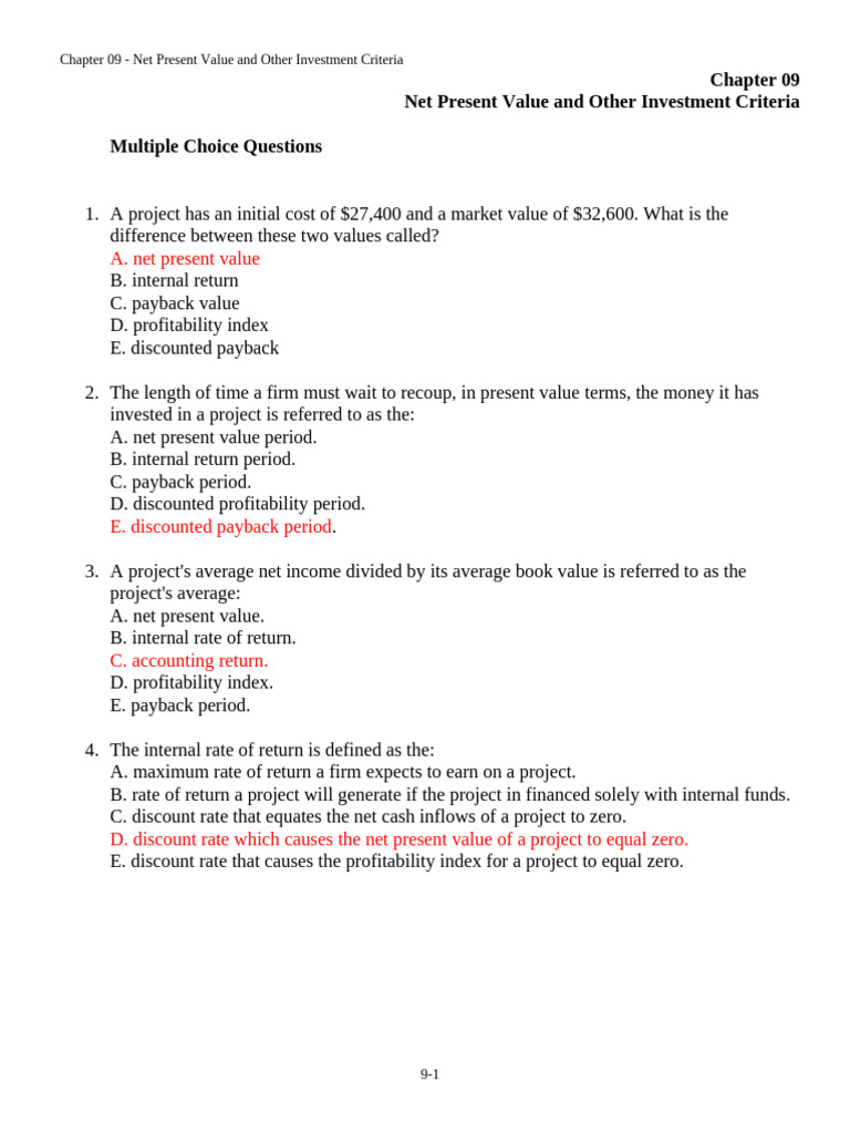 Chapter 9 Multiple Choice Question | PDF | Net Present Value | Internal Rate Of Return