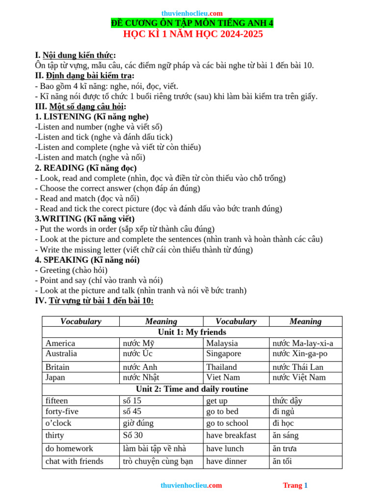 De Cuong On Tap HK1 Tieng Anh 4 Global | PDF