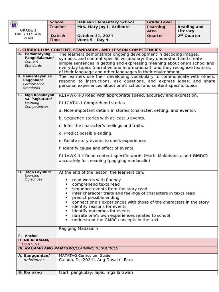 Reading Literacy Q2 Week 5 d4 | PDF