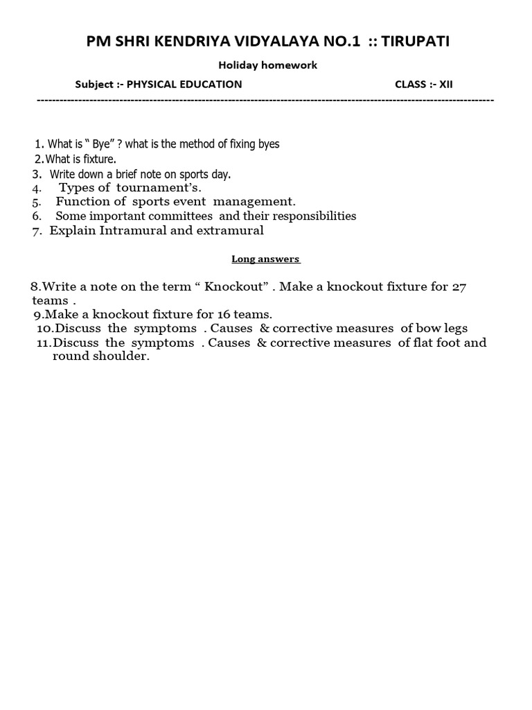 12 Class Physical Education Holiday Homework | PDF