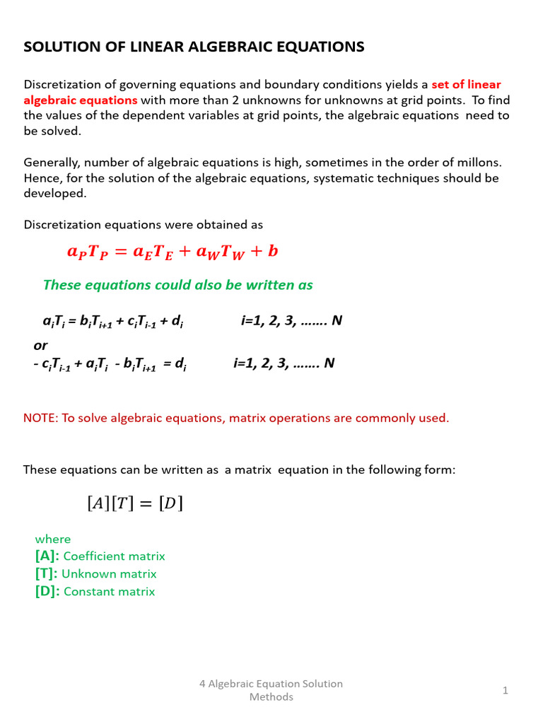 Solution of Linear Algebraic Equations: These Equations Could Also Be Written As | PDF ...